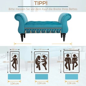 HOMCOM Čalouněná lavice, Sametový vzhled, Luxusní lavice s dřevěnými nohami, Chodní lavice do ložnice, nosnost až 150 kg, Modrá, 117 x 40 x 58 cm