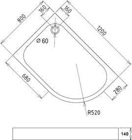LOR 120x80 Levá Sprchová vanička asymetrická, akrylát