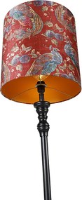 Stojací lampa černá s červeným stínítkem s peacockem 40 cm - Classico