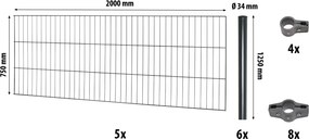 Floraworld Sada drátěných plotových panelů se sloupky, antracit, 75 cm x 10 m