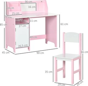 HOMCOM Dětský dřevěný stůl a židle se školní tabulí pro děti od 5 let, psací stůl 90x45x85 cm Růžová