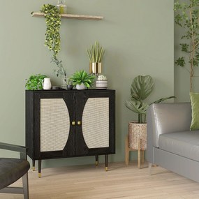 HOMCOM Buffet Skříňka s Dvojitými Dveřmi v Boho Stylu, 2 Úrovně, Ratanový Přední Panel 80 x 38 x 79 cm Černá