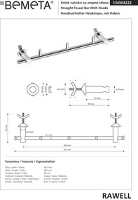 Bemeta Design RAWELL: Držák ručníků na topné těleso s háčky, 300 mm, lesk -