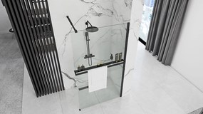 Rea Aero, sprchová zástěna typu Walk-In 90 cm + polička a věšák EVO, 8mm čiré sklo, černý profil, KPL-K7581