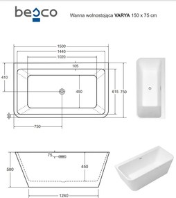 Besco Varya vana volně stojící 150 x 75 cm sifon grafit barva stříbrná VANVARYA150GG2 Koupelny Bernold