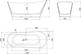 Mexen Dora, volně stojící vana 170 x 75 cm, bílá, zlatý matný přepad, 52071707500-55