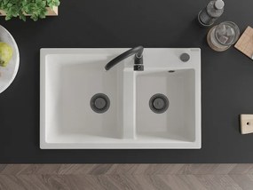 Mexen Tomas, granitový dřez 800x500x190 mm, 2-komorový, bílá s černým sifonem, 6516802000-20-B