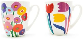 Sada 2 porcelánových hrnků Super Bloom, 350 ml – hravé květiny, červená a žlutá