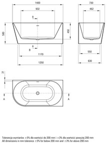 Deante Silia, volně stojící vanu ke stěně 1400x730x580 mm, pravá, DEA-KDS_014P