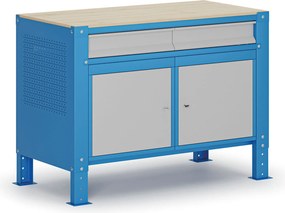 Dílenský stůl G9, 2 skříňky, 2 zásuvky, výškově stavitelný, 1180 x 595 x 715-975 mm, šedá/modrá