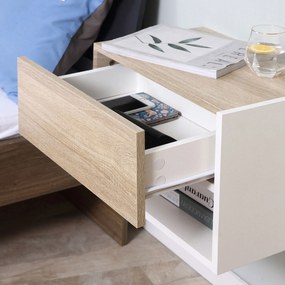 HOMCOM Sada 2 Floating Nočních Stolků Bez Noh K Hanging Noční Stolky s 1 Zásuvkou a Otevřenou Policou pro Ložnici 46x30x30 cm Dub a Bílá