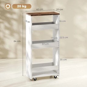 HOMCOM úzký 3patrový kuchyňský vozík na kolečkách pro úzké prostory, jídelnu nebo obývací pokoj, bílý