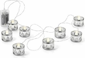 LED dekorační světelný řetěz na baterky 150 cm, stříbrné bubínky, teple bílá, 8 diod, interiér, 2× AA