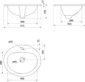 Aqualine Aqualine, Keramické umyvadlo zápustné 52x45cm, bílá, 55227