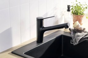 Hansgrohe Zesis M33, páková kuchyňská baterie 150, vytahovací sprška, 2jet, černá matná, HAN-74800670