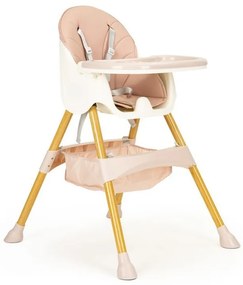 Vysoká židle na krmení 2v1 růžová s nohami v imitaci dřeva
