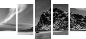 5-dílný obraz obraz polární záře v Norsku v černobílém provedení - 200x100 cm