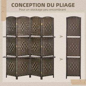 HOMCOM Paravan 4 Panely 160 x 170 cm s 2 Policemi, Skládací, Borovicové Dřevo pro Kancelář, Obývací Pokoj, Ložnici, Hnědý | Aosom