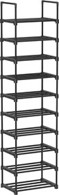 Botník, 10patrový kovový botník 174x45x30cm, výška police nastavitelná, černý