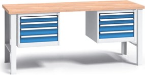 Pracovní stůl do dílny G3 se 2 závěsnými boxy na nářadí, buková spárovka, 8 zásuvek, pevné kovové nohy, 2000 mm, modrá