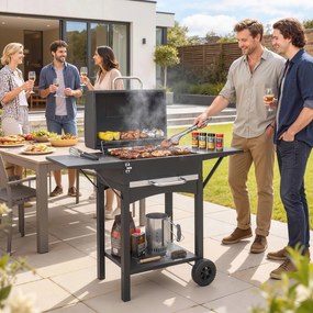 Outsunny gril na dřevěné uhlí s poklopem — BBQ vozík s 2 bočními stolky, velká grilovací plocha, teploměr a kolečka, 110 x 46,5 x 101 cm (černý)