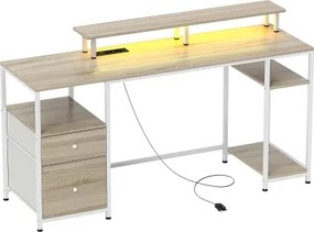 HOMCOM počítačový stůl s nastavitelným LED osvětlením, 2 zásuvky, USB porty, zásuvky, police, 155,5x48x88,5 cm, vzhled přírodního dřeva