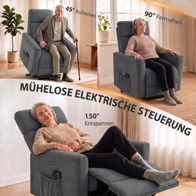 HOMCOM Relaxační křeslo s elektrickou asistencí při vstávání, masáží a teplem, křeslo z chenillu s pružinovým jádrem, tmavě šedé