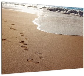 Skleněný obraz - stopy v písku a moře (70x50 cm)