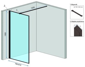 Bezrámová sprchová zástěna REA BLER 80 cm + police a věšák EVO, černá/transparent - bez vaničky