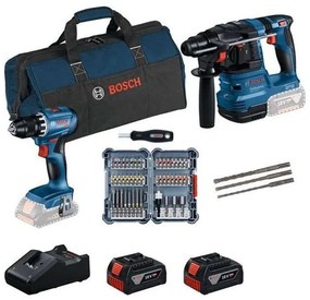 Bosch - 18V AKU sada vrtacího šroubováku GSR 18V-45 a vrtacího kladiva GBH 18V-22, s příslušenstvím, 2x aku 4,0 Ah Li-Ion, nabíječka 0615V0003D