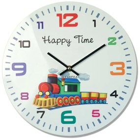 Bílé nástěnné hodiny pro děti s vláčkem HAPPY TIME