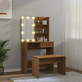 Toaletní stolek sada s LED hnědý dub kompozitní dřevo 3114114