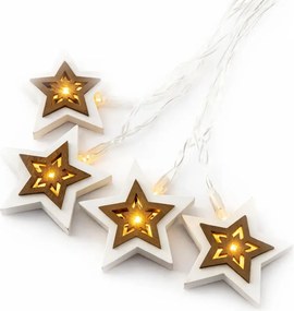 LED světýlka na baterie, dřevěné hvězdičky, 1,8 m, teple bílá, 10 diod, čirý kabel, IP20 interiér, 2 × AA