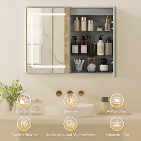 HOMCOM Zrcadlová skříňka do koupelny s LED osvětlením, 60 x 80 cm koupelnová skříňka s protimlžnou, 3-cestnou stmívatelnou