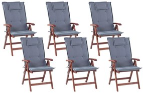 Sada 6 dřevěných zahradních židlí s modrými polštáři TOSCANA Beliani
