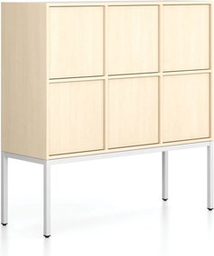 Kancelářská skříň FRAME, nízká, bílá podnož, 6x dveře, 1299 x 450 x 1331 mm, PUSH-lock, bříza