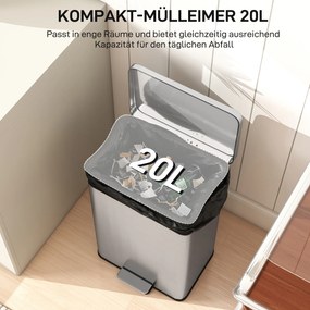 Koš na odpadky 20 litrů s pedálovým víkem s měkkým zavíráním, pedál, vyjímatelný vnitřní koš stříbrný, 34,2 x 30,6 x 44,2 cm