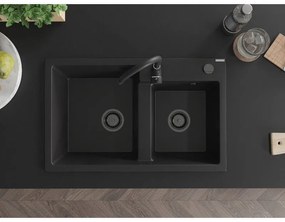 Mexen Tomas, granitový dřez 800x500x190 mm, 2-komorový, černá s černým sifonem, 6516802000-77-B
