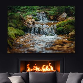 Obraz na plátně - Malý vodopád s šiškou a mechem FeelHappy.cz Velikost obrazu: 150 x 100 cm