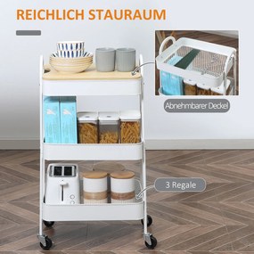 HOMCOM Kuchyňský vozík 3-patrový kovový vozík s velkým úložným prostorem a víkem do kuchyně a kanceláře, bílá ocel 45x31x79,4cm | Aosom.de