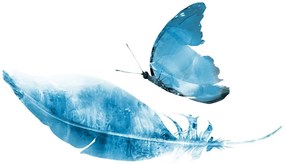 Samolepící tapeta pírko s motýlem v modrém provedení - 150x100 cm