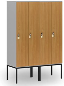 Dřevěná šatní skříňka S4 s podnoží, 2 oddíly, 1871 x 600 x 500 mm, demont, otočný zámek, šedá/oranžová