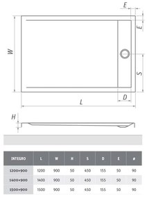 Obdélníková akrylátová sprchová vanička INTEGRO 50 mm S 1200 × 900 INTEGRO/1200 8000169