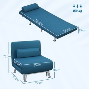 HOMCOM Skládací křeslo s funkcí postele, skládací polohovací křeslo v lněném stylu, nastavitelná opěradla, 75 x 70 x 75 cm, modrá