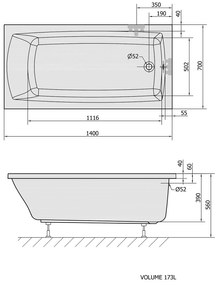 Polysan LILY obdélníková vana 140x70x39 cm, bílá, 72201