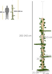 Stropní škrabadlo PawHut 202-242 cm, výškově nastavitelný strom na lezení s ochranou proti převrácení, jutový strom na hraní v zelené a žluté barvě |…