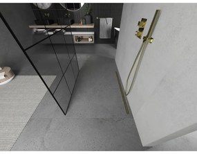 Mexen Kioto, průchozí sprchová zástěna 100 x 200 cm, 8mm sklo čiré/černý vzor, 2x zlatá stabilizační rozpěra, 800-100-002-50-77