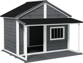 Dřevěná psí bouda PawHut s terasou a asfaltovou střechou – venkovní weatherproof úkryt pro malé zvíře, šedá, 124 x 112 x 105 cm