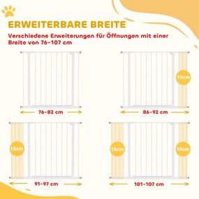 PawHut Schodišťová brána kovová ochrana dveří Bariérová brána nastavitelná bez vrtání 76-107x76cm Bílá | Aosom