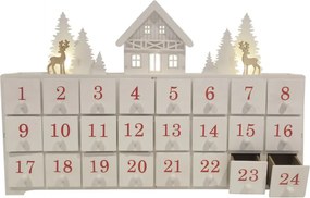 LED adventní kalendář, dřevěný domeček v lese, 43 × 29 × 8 cm, bílá, červená a hnědá, na 2× AA